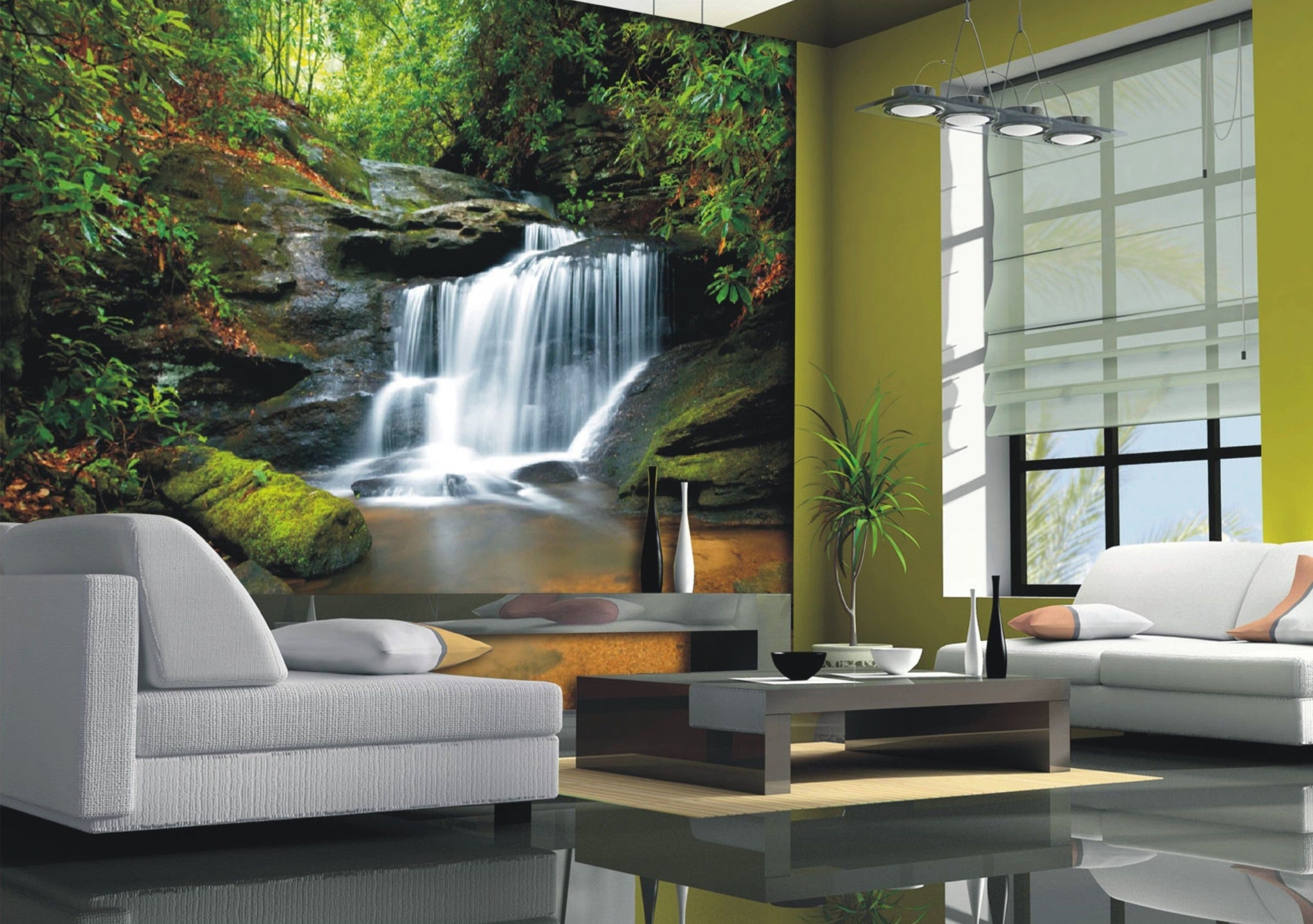 Leafy Cascade: Waterfall Wall Mural